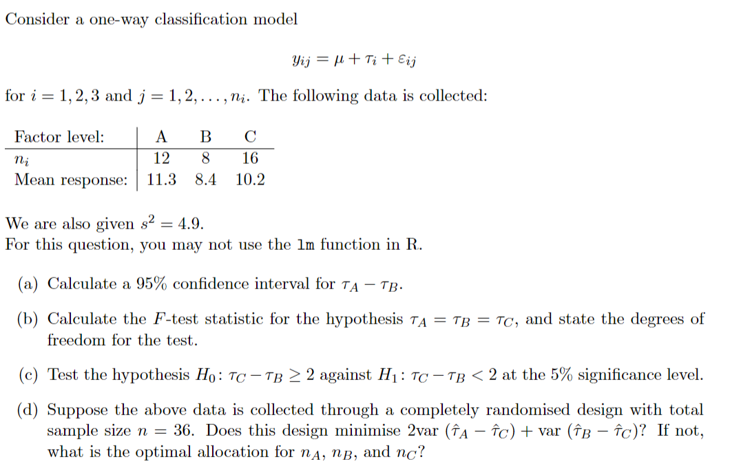 Solved Consider a one-way classification model Yij = μl + Ti | Chegg.com