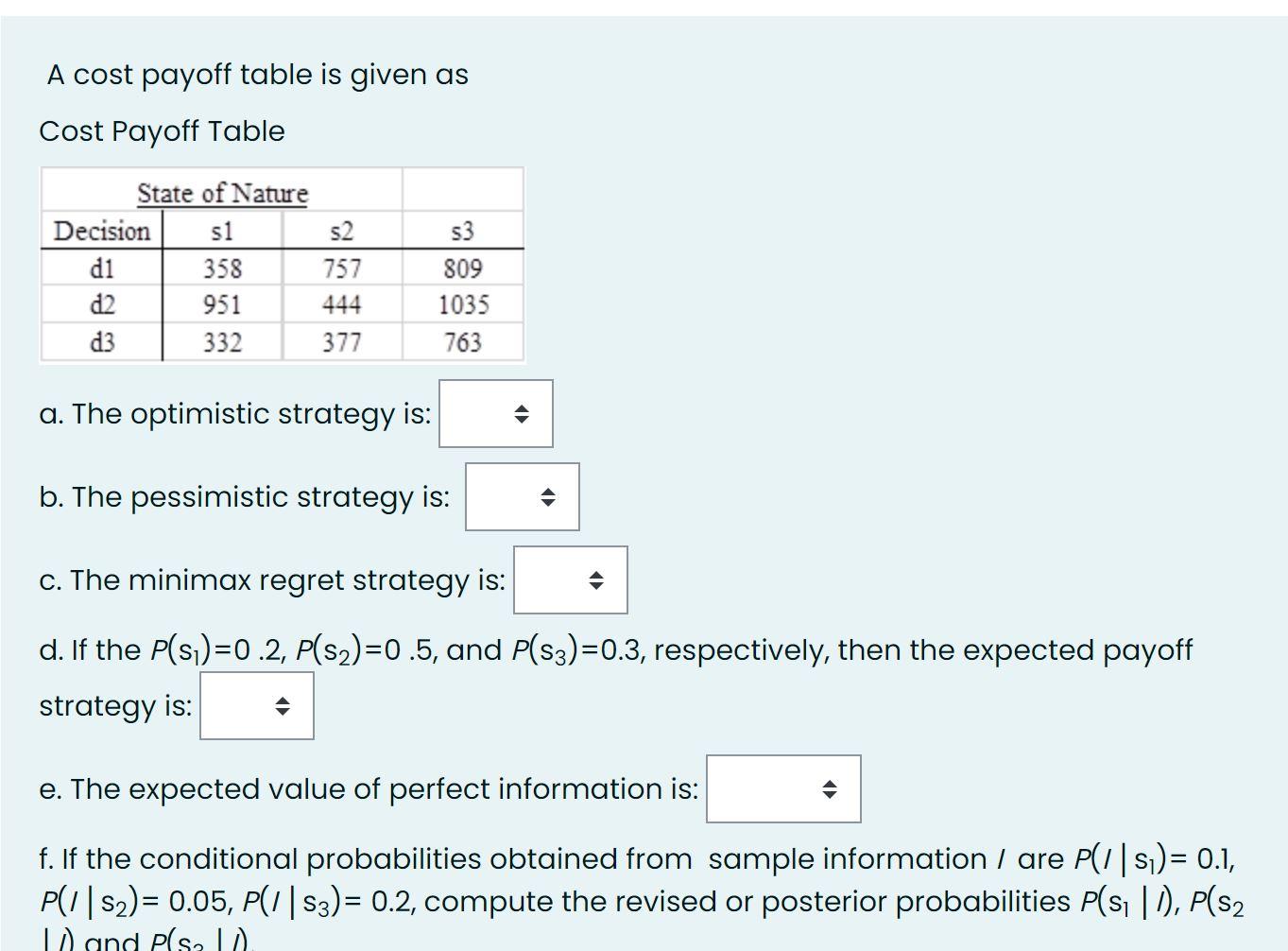Solved A cost payoff table is given as Cost Payoff Table | Chegg.com