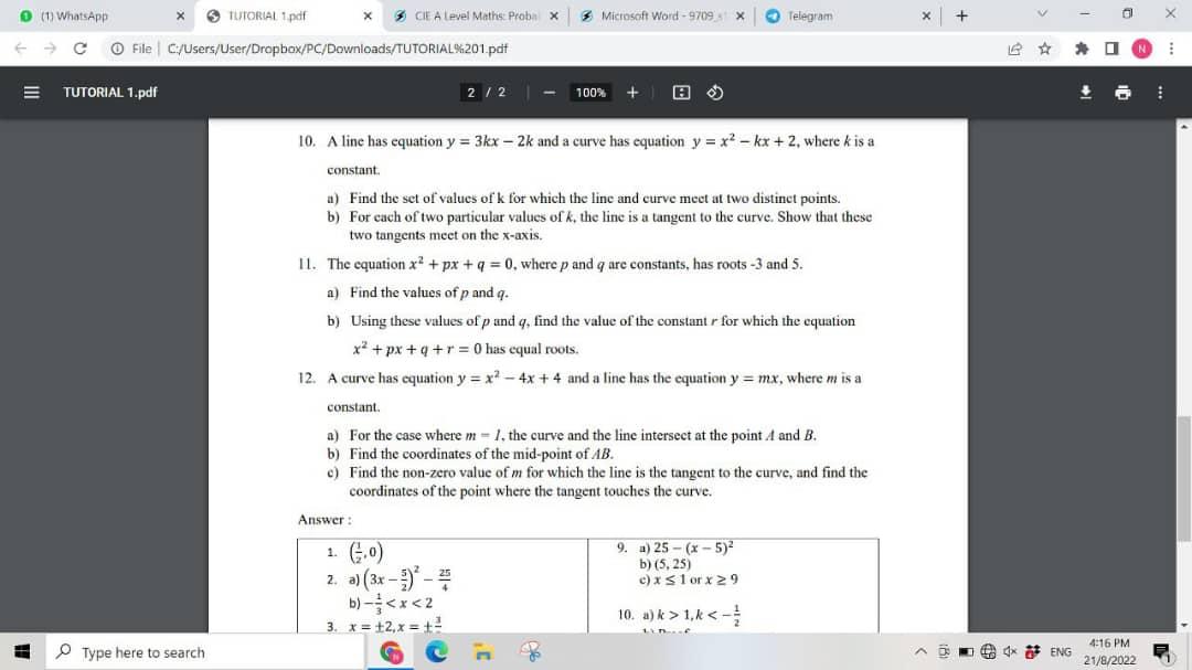 Solved 10. A line has equation y=3kx−2k and a curve has | Chegg.com