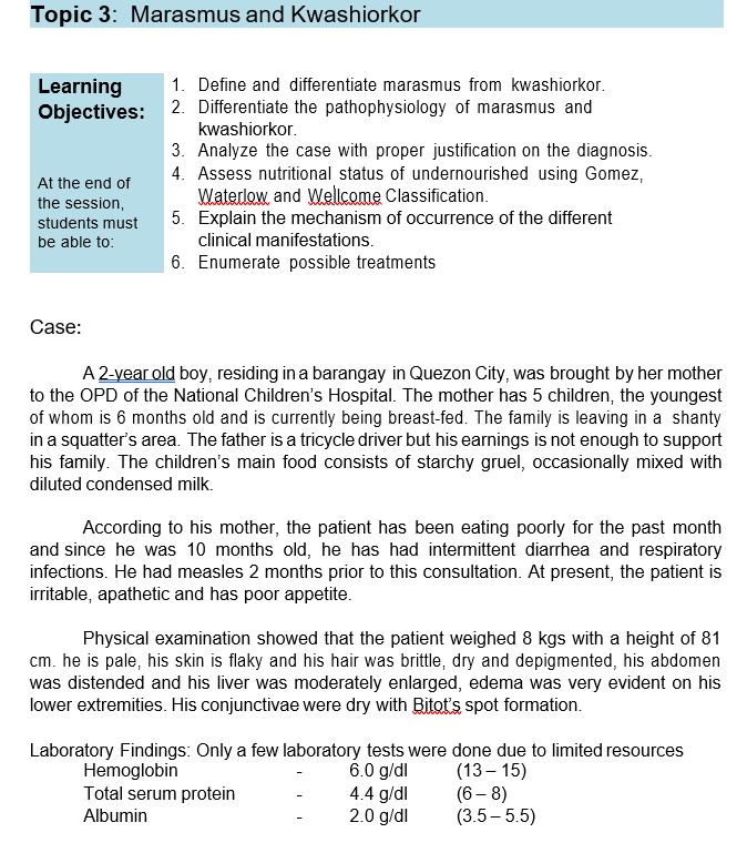 Solved Topic 3: Marasmus and Kwashiorkor Case: A 2-vear old | Chegg.com