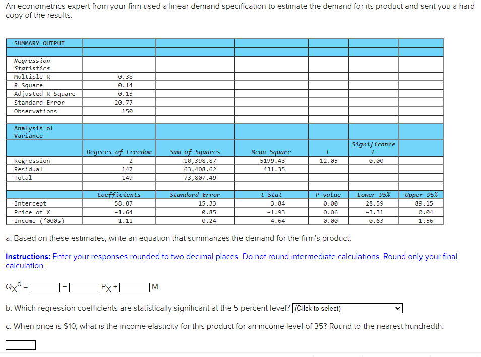 Solved An econometrics expert from your firm used a linear | Chegg.com
