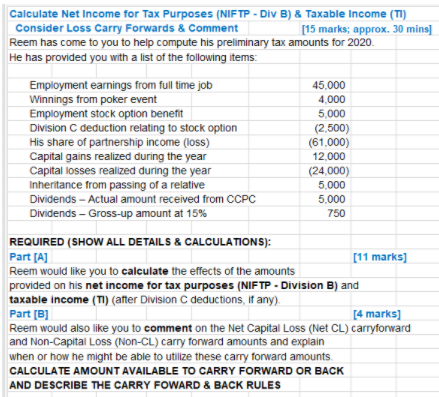 Calculate Net Income for Tax Purposes (NIFTP-Div B) & | Chegg.com