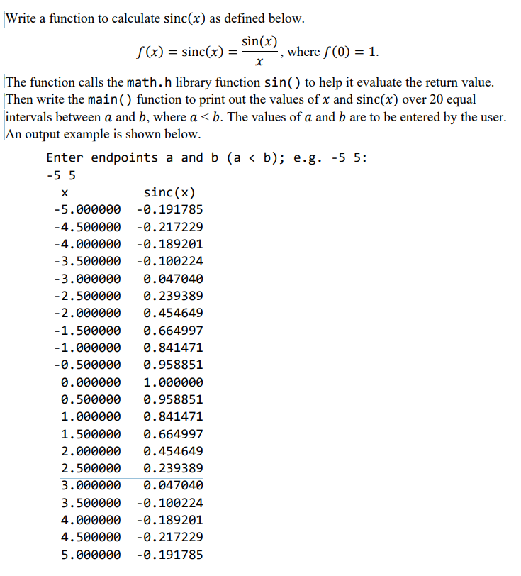 Solved Write A Function To Calculate Sincx As Defined 