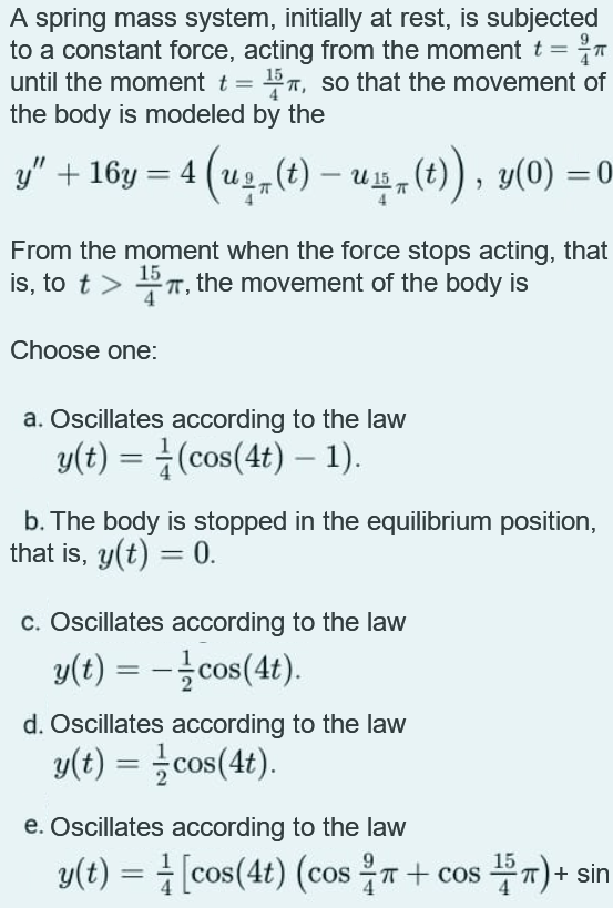 Solved A spring mass system, initially at rest, is subjected | Chegg.com