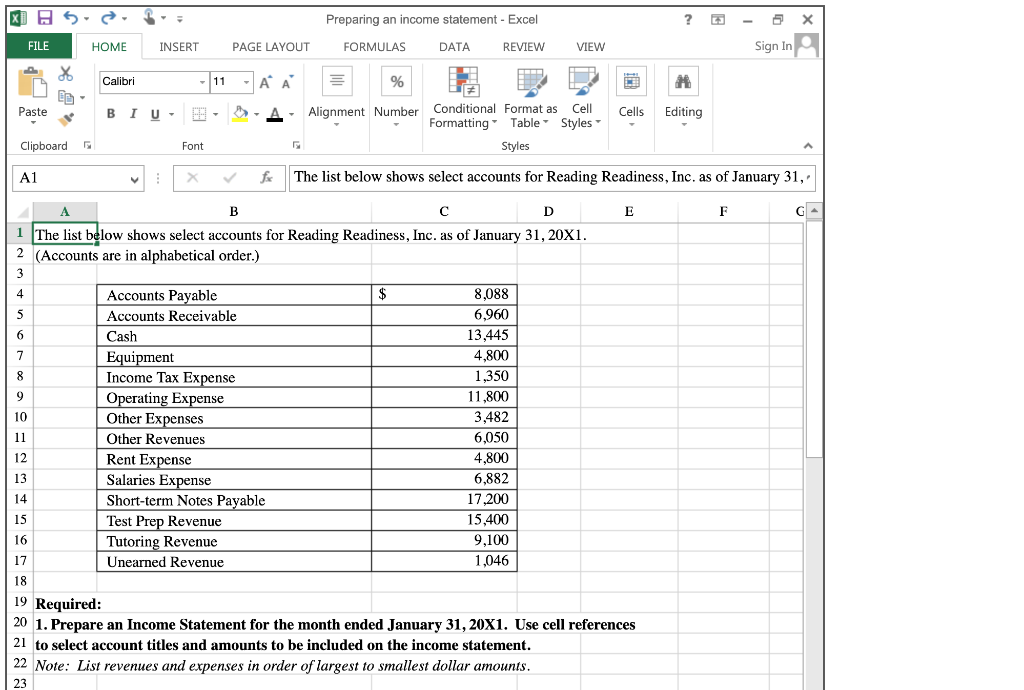 Solved XD H5 Preparing an income statement - Excel ? 5 х | Chegg.com