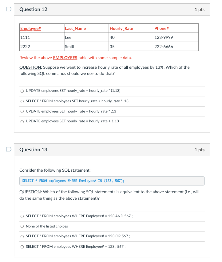 D Question 12 1 pts Last_Name Hourly_Rate Employee# | Chegg.com