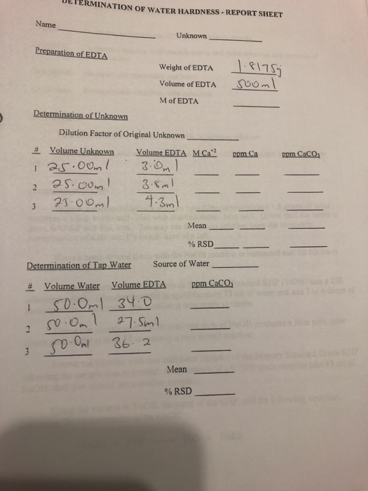 Solved DETERMINATION OF WATER HARDNESS-REPORT SHEET Name | Chegg.com