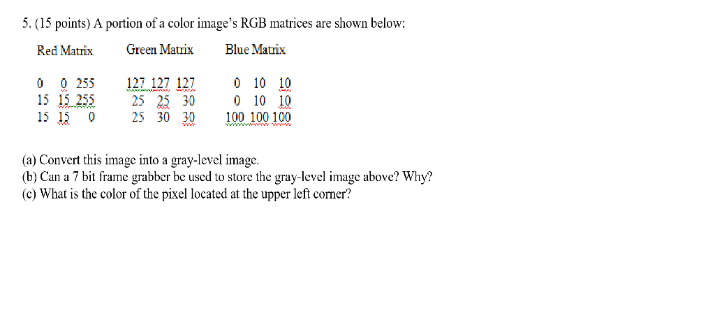 Solved 5. (15 points) A portion of a color image's RGB | Chegg.com