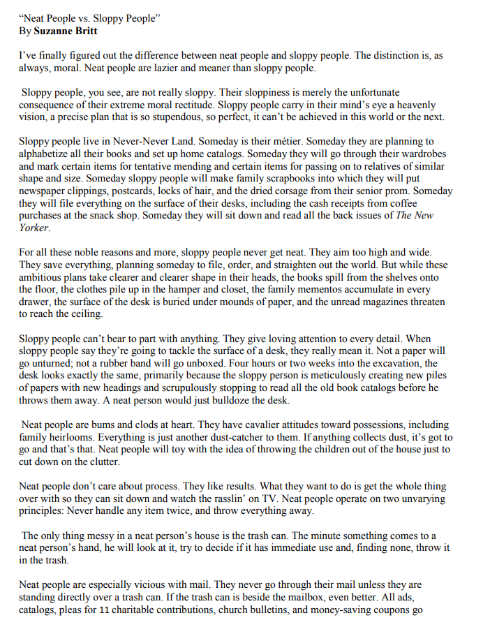 Solved "Neat People vs. Sloppy People" By Suzanne Britt I've | Chegg.com