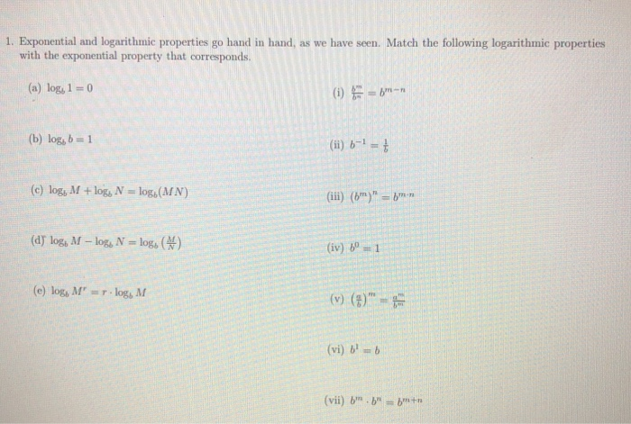 Solved 1. Exponential and logarithmic properties go hand in | Chegg.com