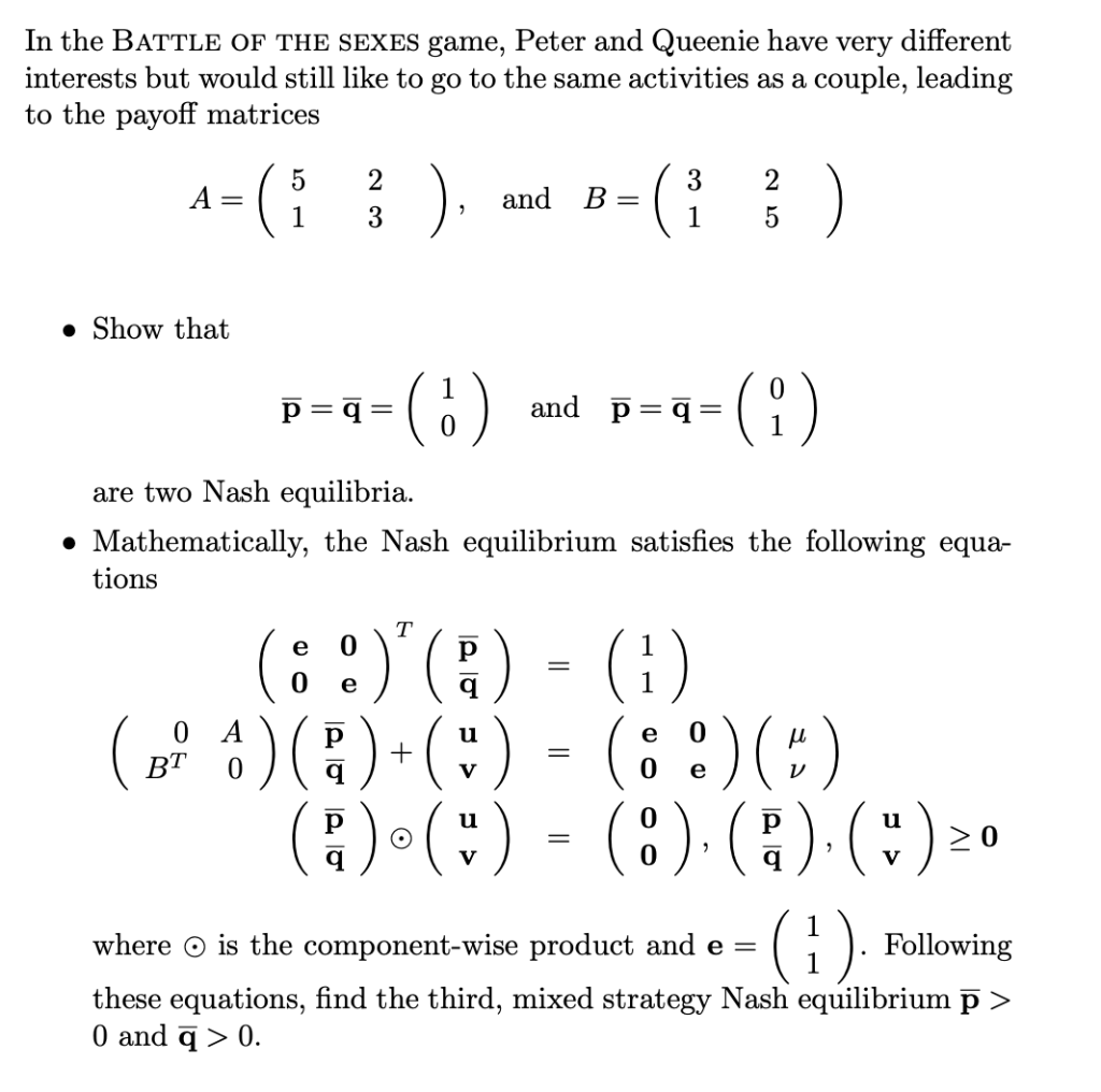 Consider a nonzero-sum, two-person game with payoff | Chegg.com