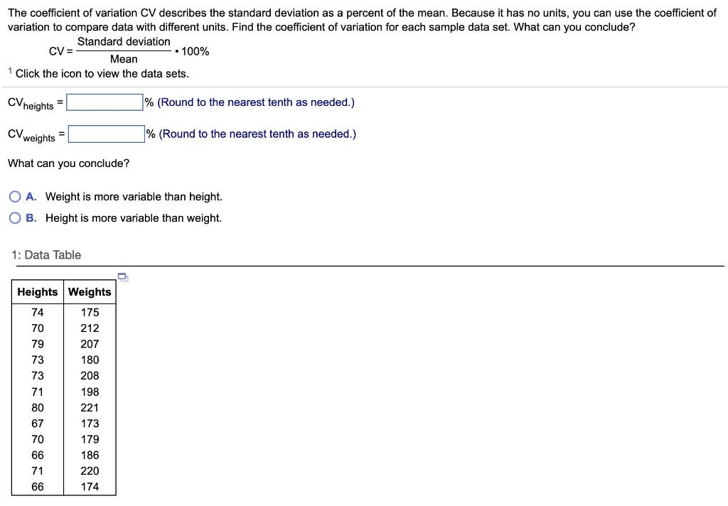 Solved The coefficient of variation CV describes the | Chegg.com