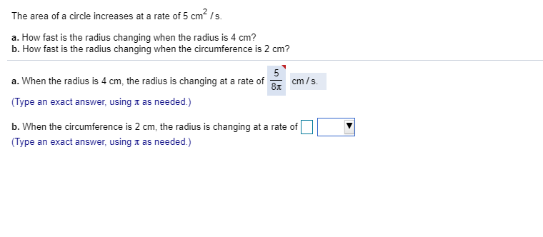 Solved The area of a circle increases at a rate of 5 cm s. | Chegg.com
