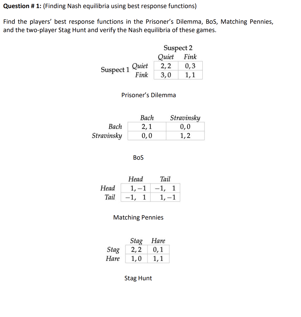 Solved Question # 1: (Finding Nash equilibria using best | Chegg.com