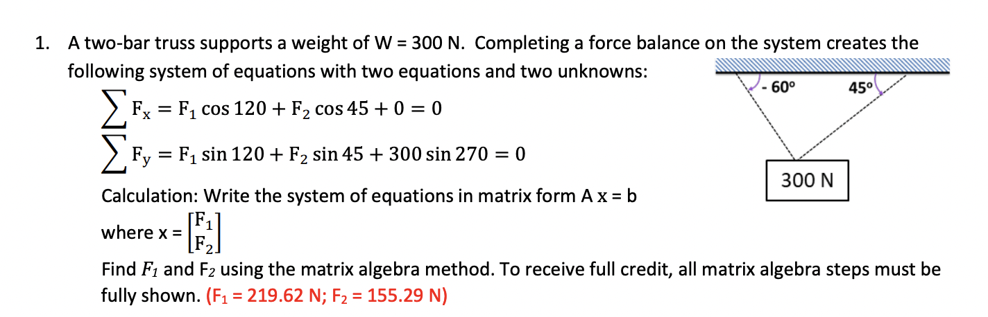 Solved A two-bar truss supports a weight of W=300 N. | Chegg.com