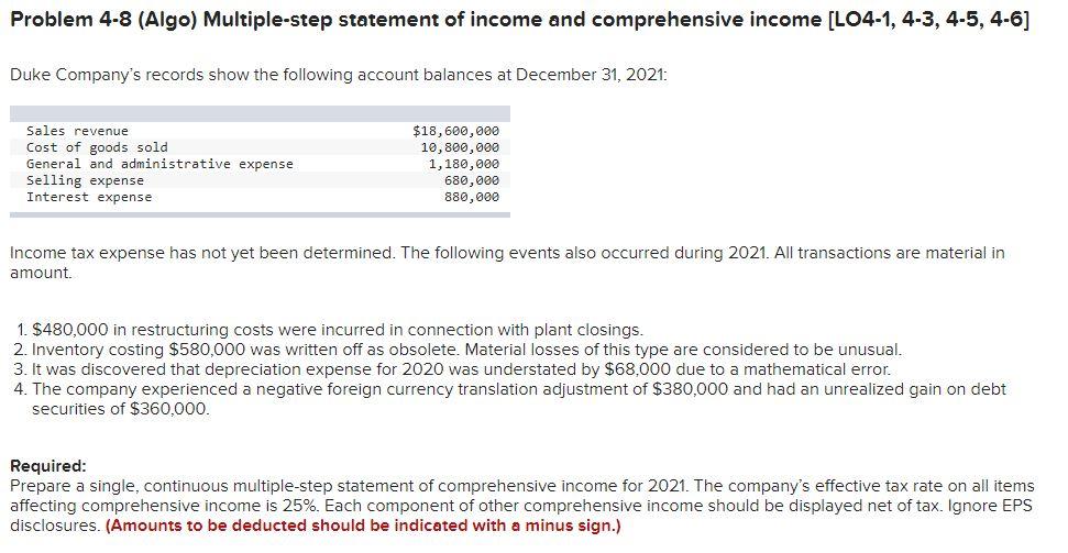 Solved Problem 4-8 (Algo) Multiple-step statement of income | Chegg.com