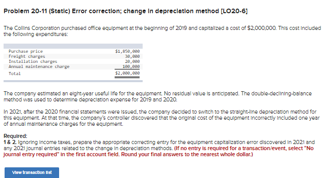 Solved Problem 20-11 (Statlc) Error correction; change In | Chegg.com