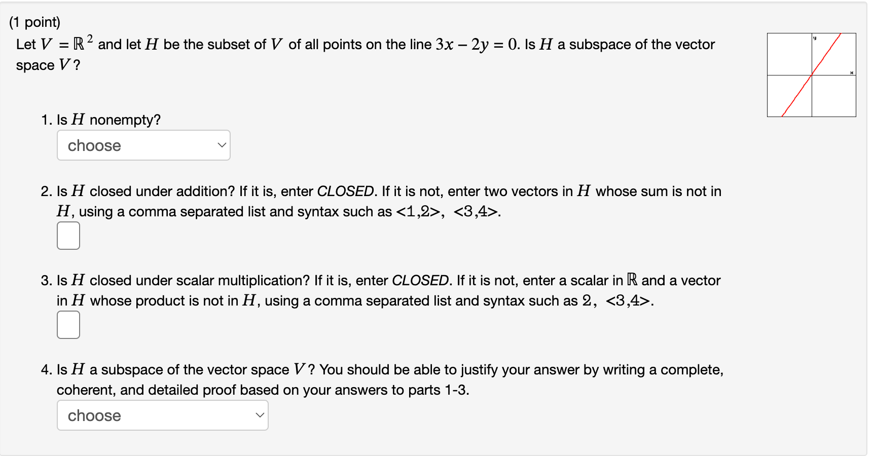 Solved 1 point) Let V=R2 and let H be the subset of V of all | Chegg.com