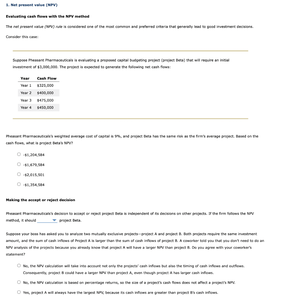 Solved 1. Net present value (NPV) Evaluating cash flows with | Chegg.com