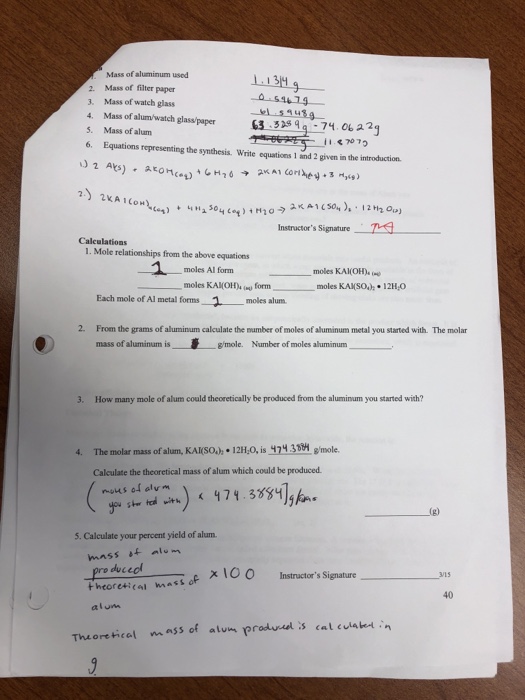 Solved Synthesis of Alum, KAl(SO4)2 . 12H2O 1. (6 points) | Chegg.com