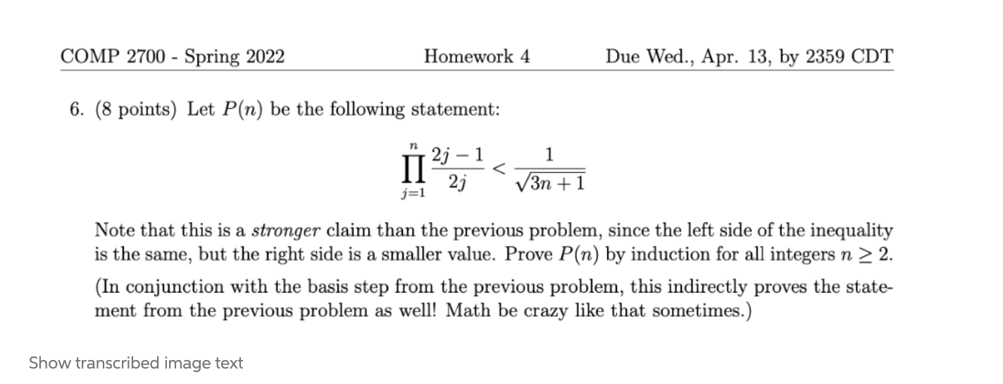 Solved COMP 2700 - Spring 2022 Homework 4 Due Wed., Apr. 13, | Chegg.com