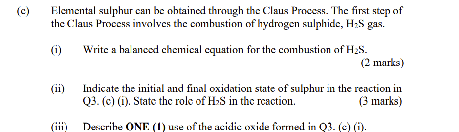 Solved (c) Elemental sulphur can be obtained through the | Chegg.com