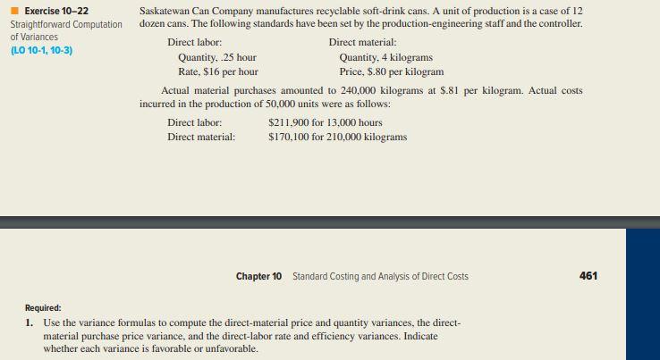 Solved Exercise 10-22 Straightforward Computation of | Chegg.com