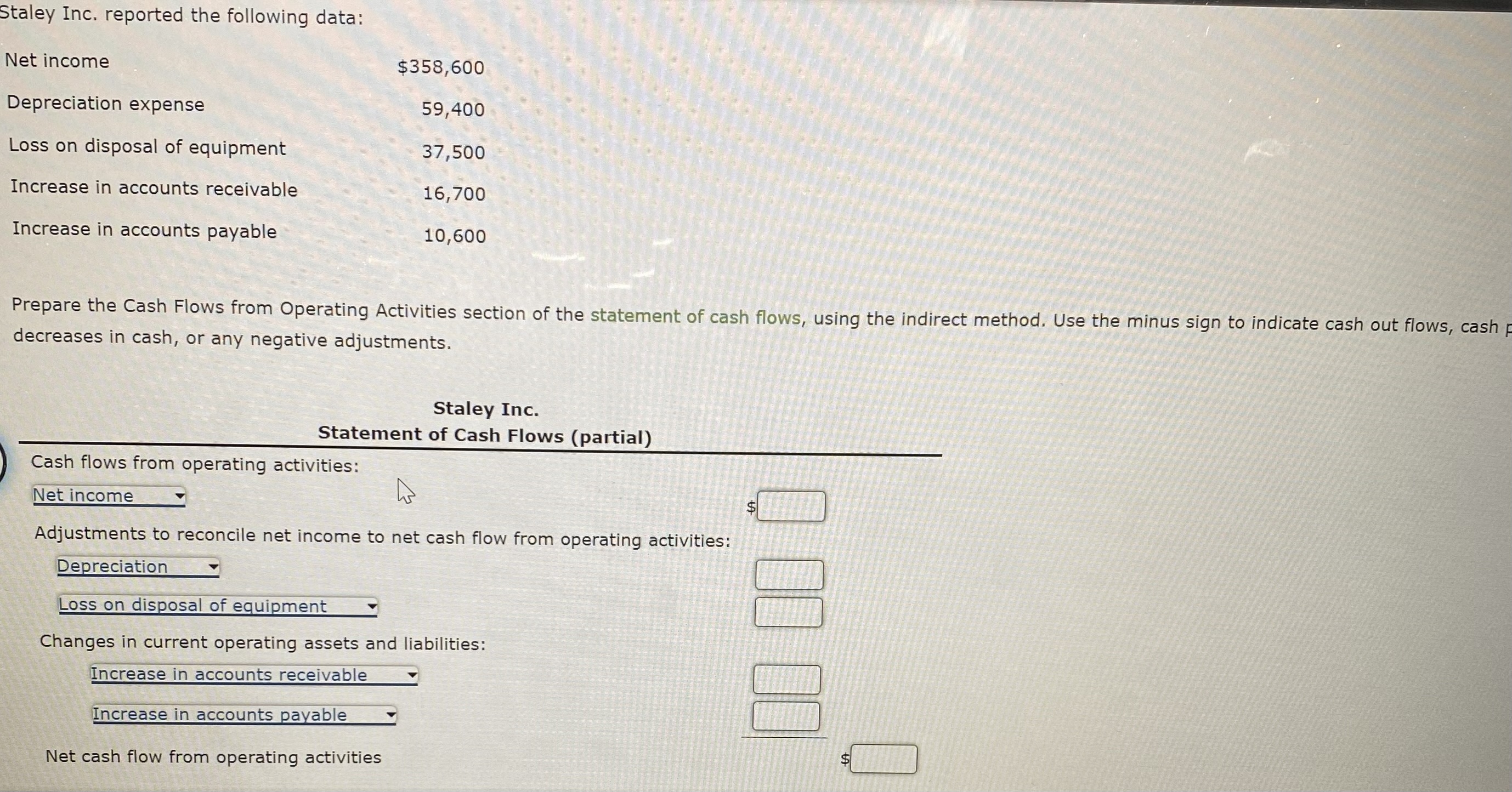 Solved Staley Inc. reported the following data: Prepare the | Chegg.com
