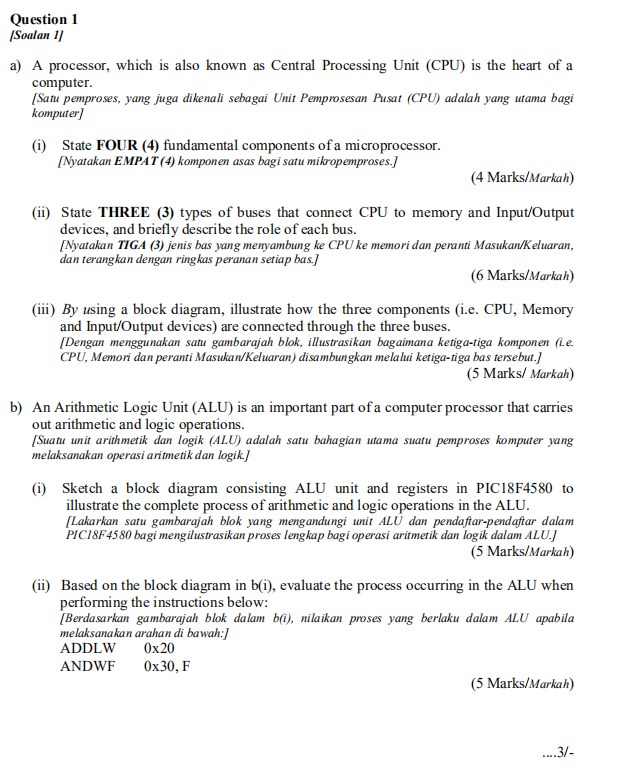 Solved Question 1 Soalan 11 a) A processor, which is also | Chegg.com