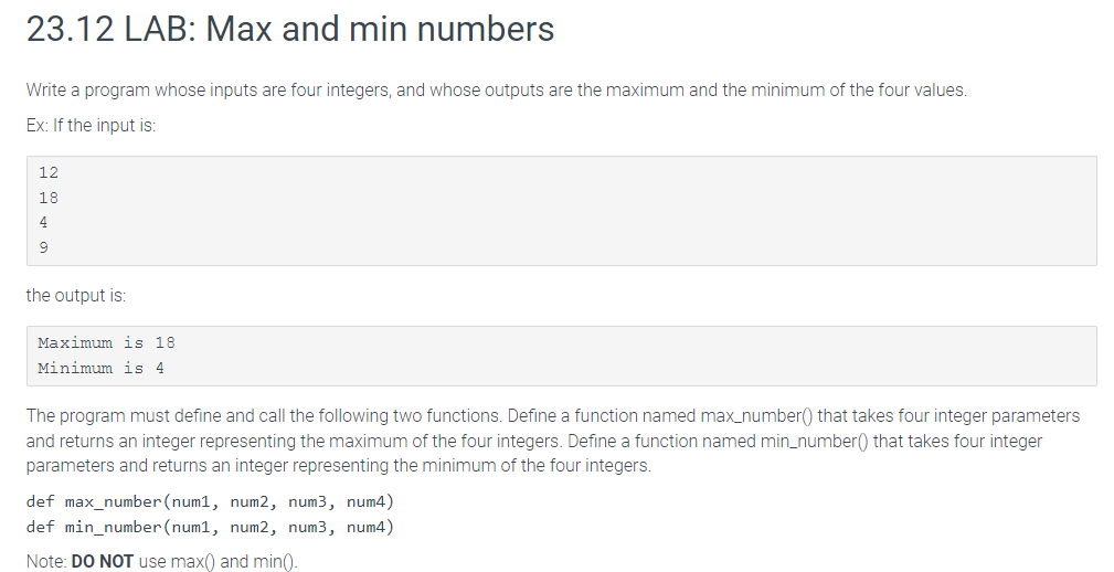 Solved 23.12 LAB: Max and min numbers Write a program whose | Chegg.com