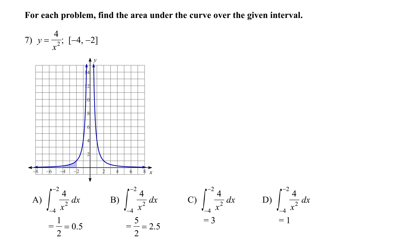 Solved For each problem, find the area under the curve over | Chegg.com