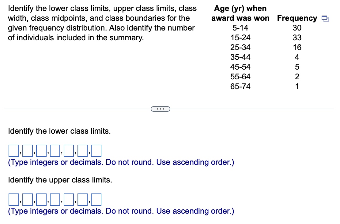 Solved Identify the lower class limits, upper class limits, | Chegg.com