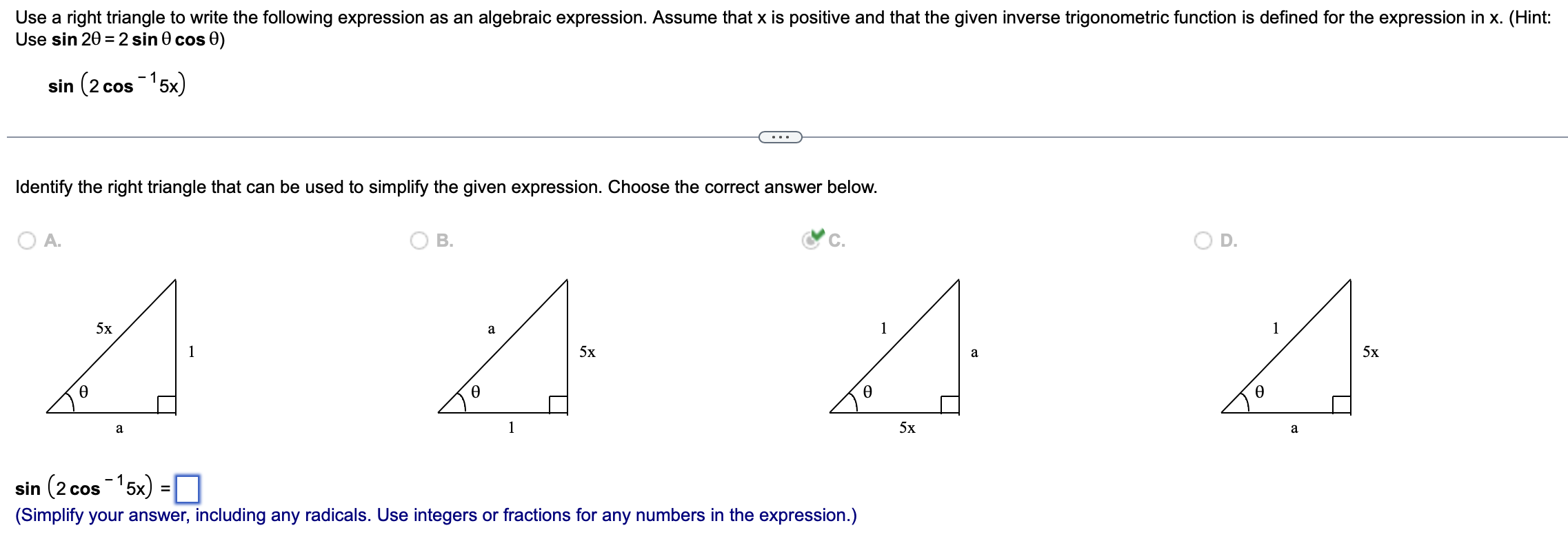 Solved Use a right triangle to write the following | Chegg.com
