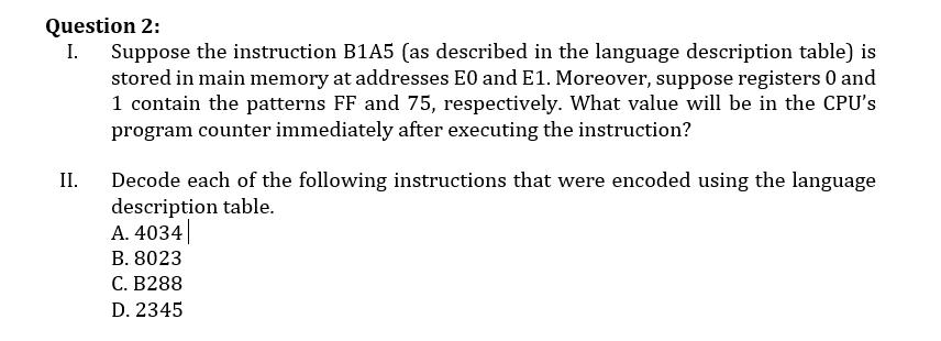 Solved Question 2: I. Suppose the instruction B1A5 (as | Chegg.com