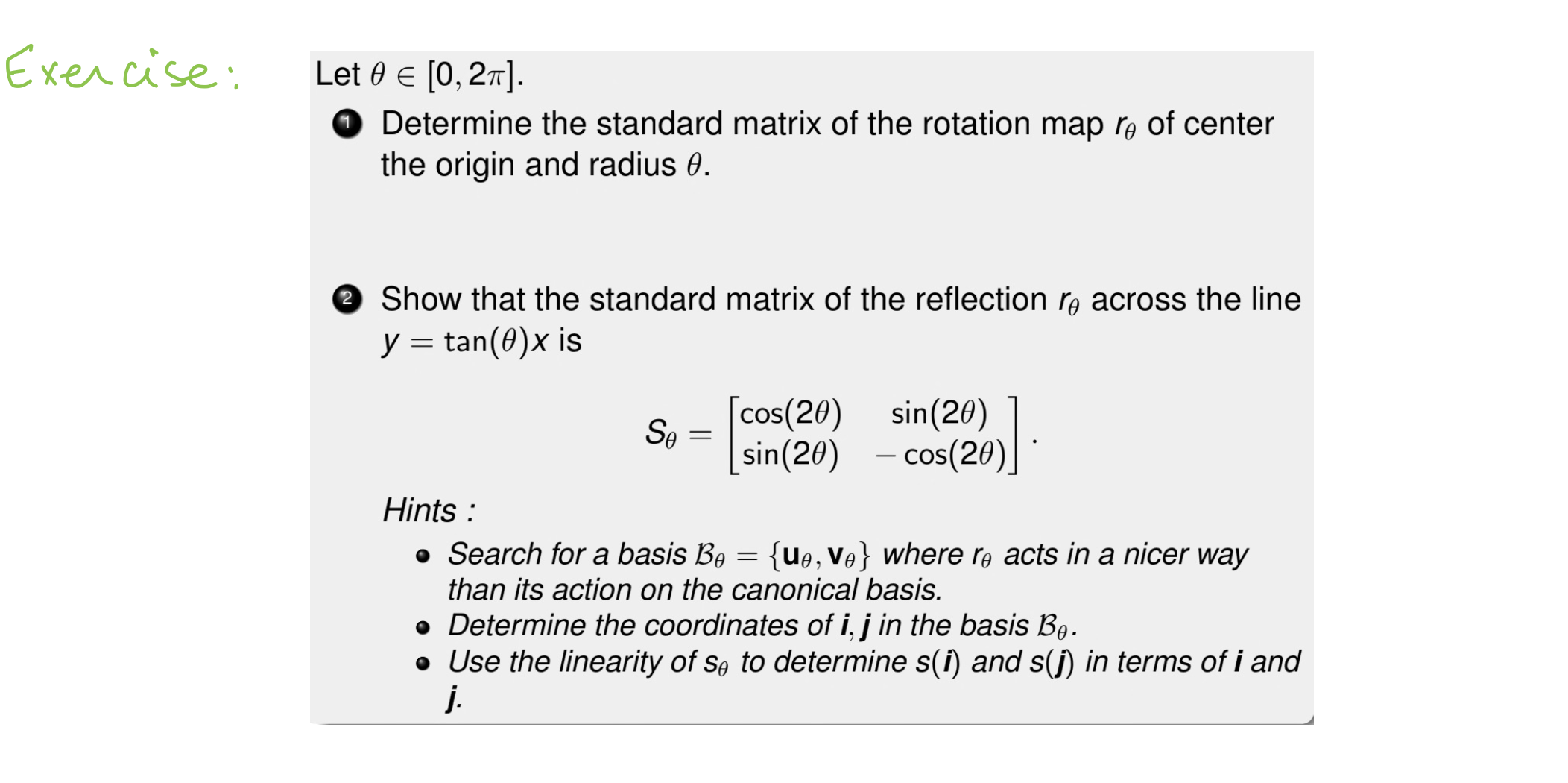 Solved Exercise: Let θ∈[0,2π]. - Determine the standard | Chegg.com