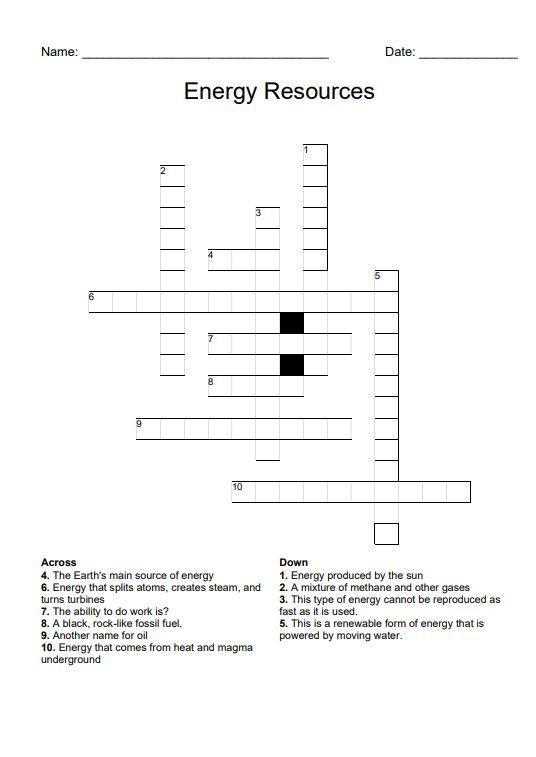 Solved Name: Date: Energy Resources 9 10 Across 4. The | Chegg.com