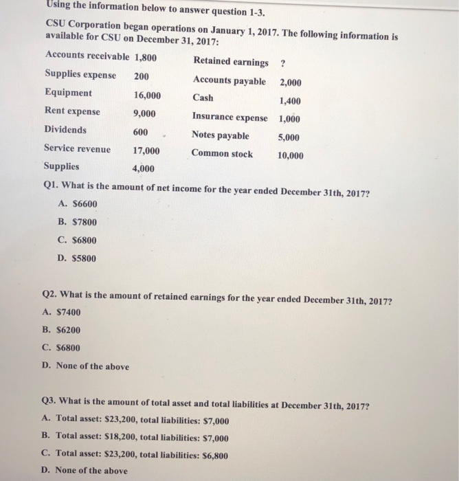 Solved Using the information below to answer question 1-3. | Chegg.com
