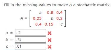 Solved Fill in the missing values to make A a stochastic | Chegg.com