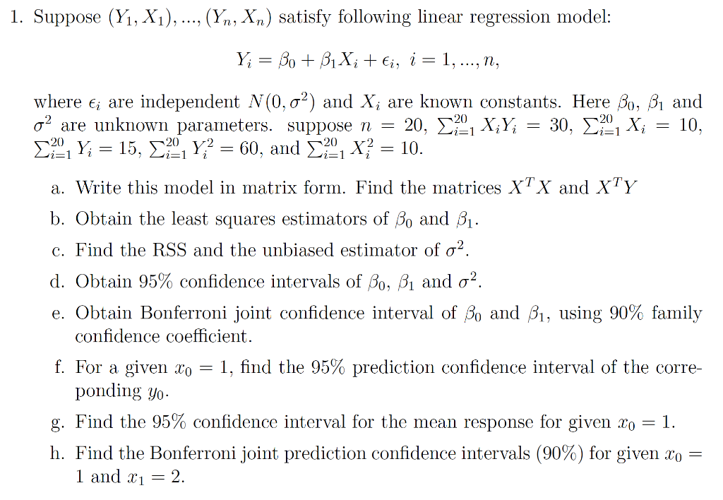 1. Suppose (Y1, X1), ..., (Yn, Xn) satisfy following | Chegg.com