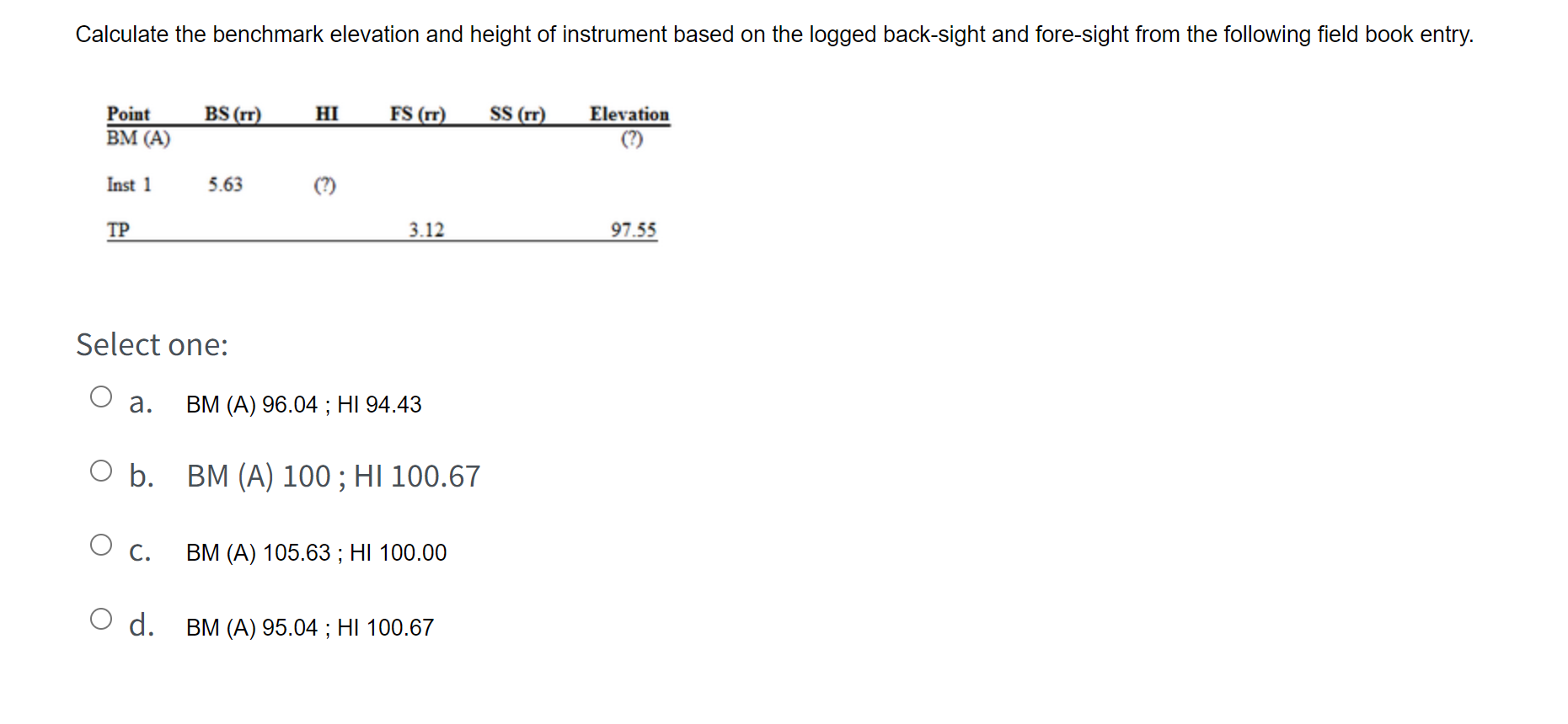 Solved Calculate the benchmark elevation and height of | Chegg.com