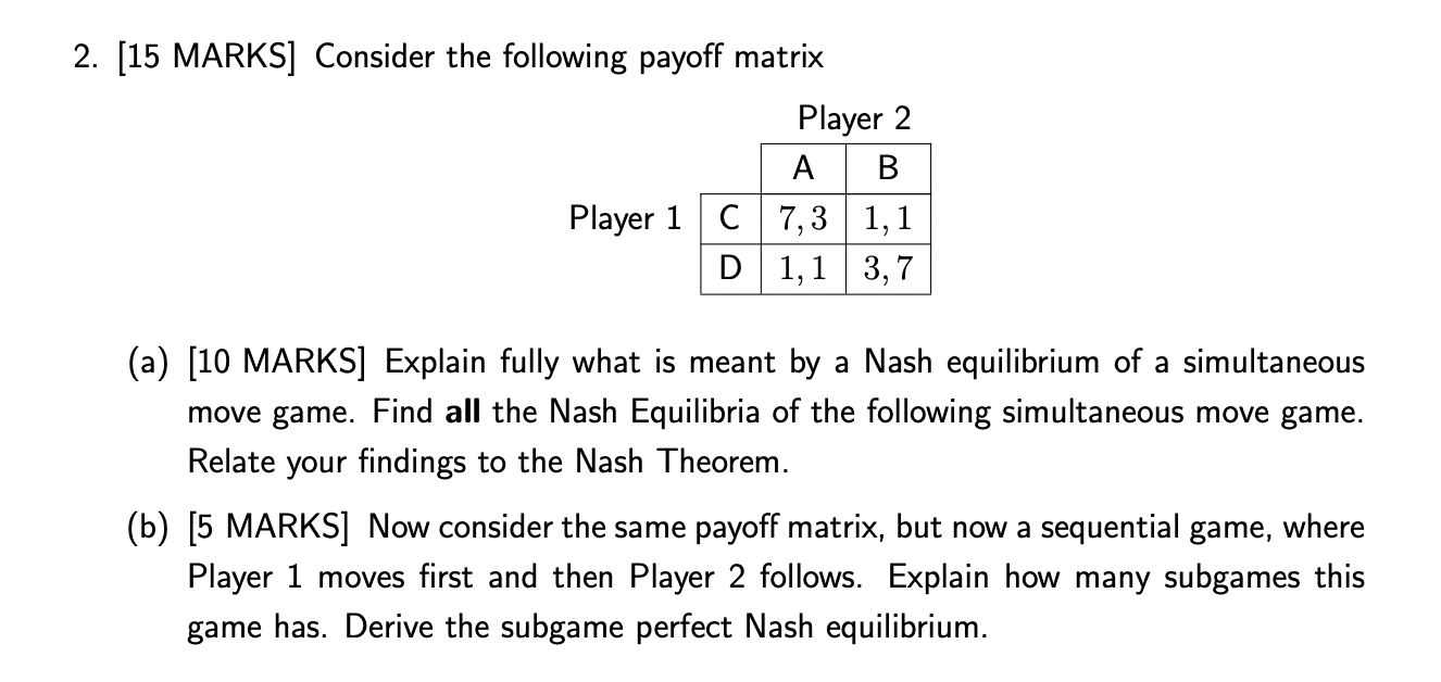 Solved 2. [15 MARKS] Consider the following payoff matrix | Chegg.com