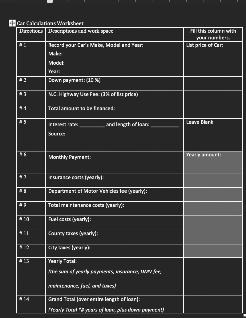 Car Calculations Worksheet \begin{tabular}{|c|c|c|} | Chegg.com