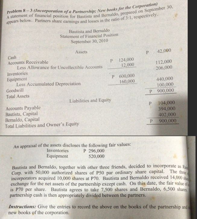 Solved Problem 8-3 (Incorporation of a Partnership; New | Chegg.com