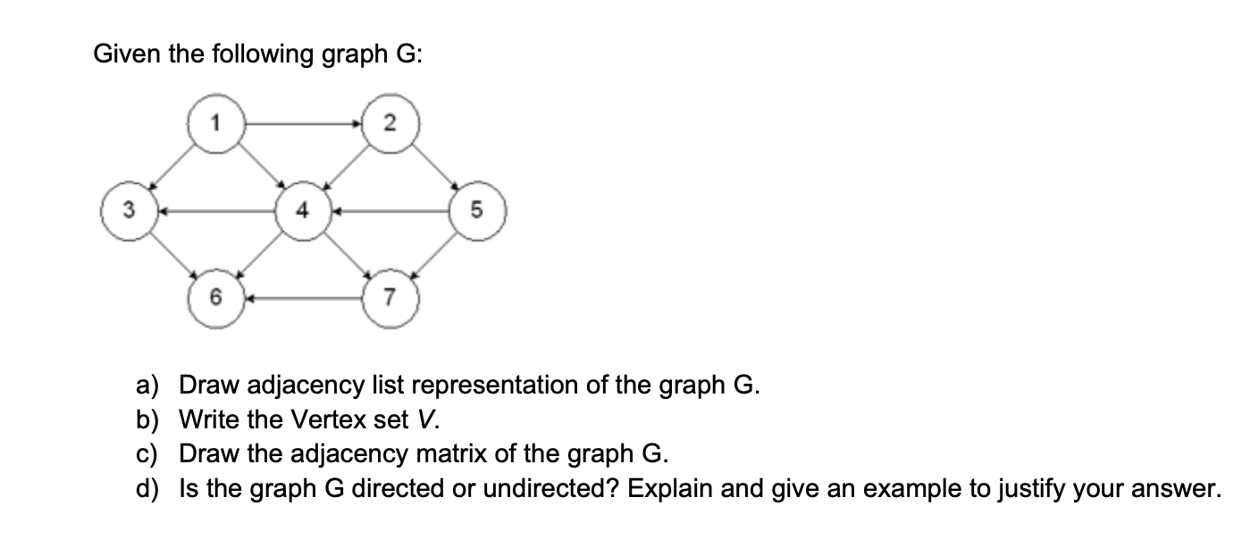 Solved Given the following graph G: 4 7 a) Draw adjacency | Chegg.com