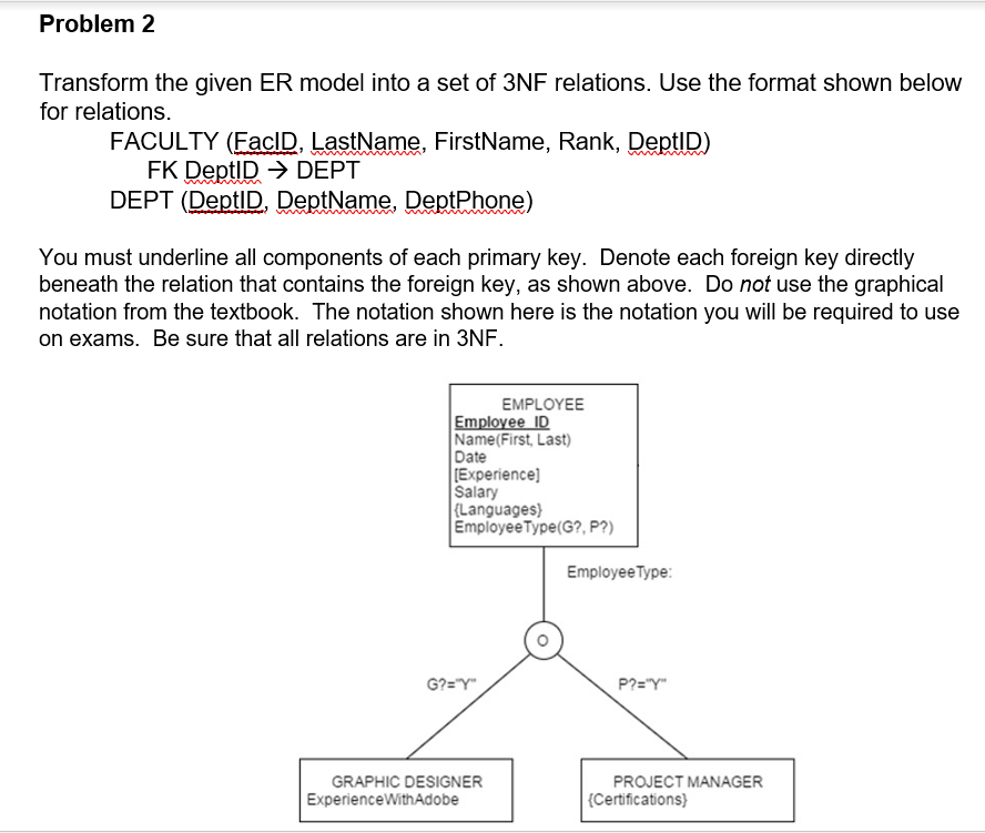 Problem 2 Transform the given ER model into a set of | Chegg.com