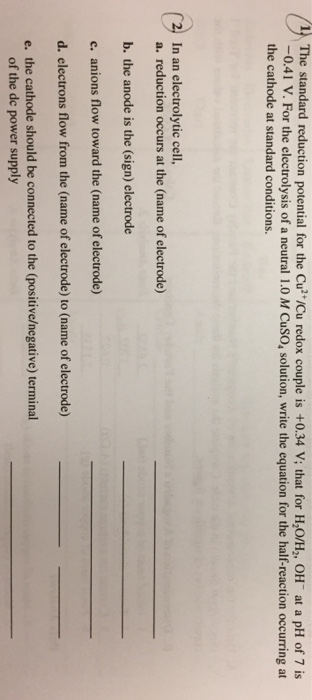 Solved The standard reduction potential for the Cu^2+/Cu | Chegg.com