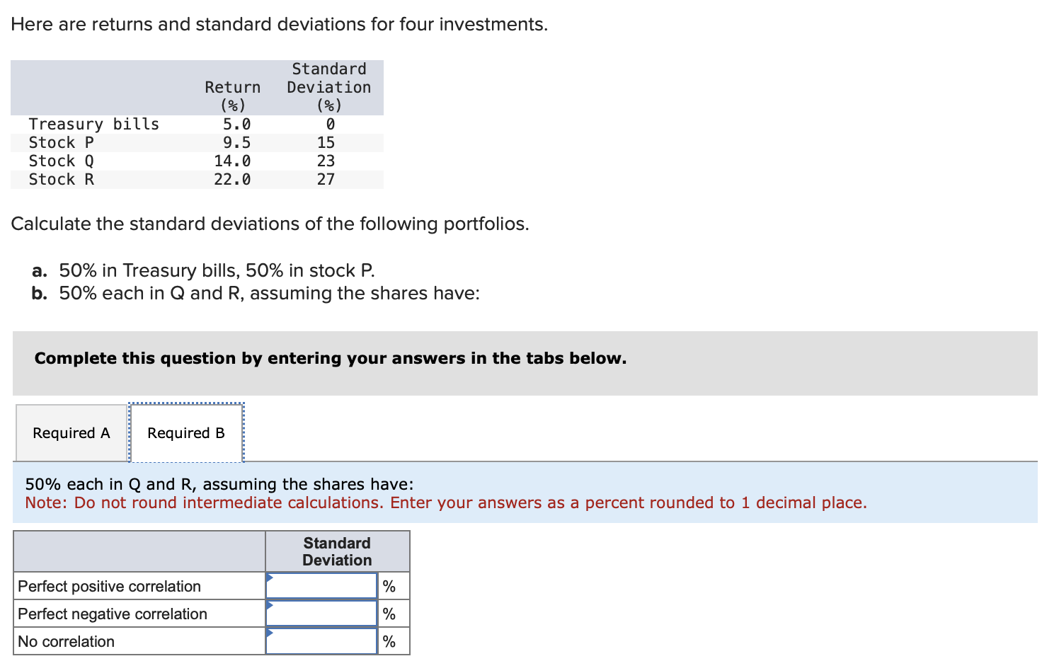 Solved Here are returns and standard deviations for four | Chegg.com