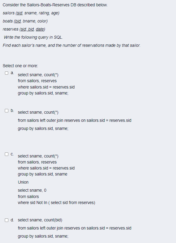 Solved Consider the Sailors-Boats-Reserves DB described | Chegg.com