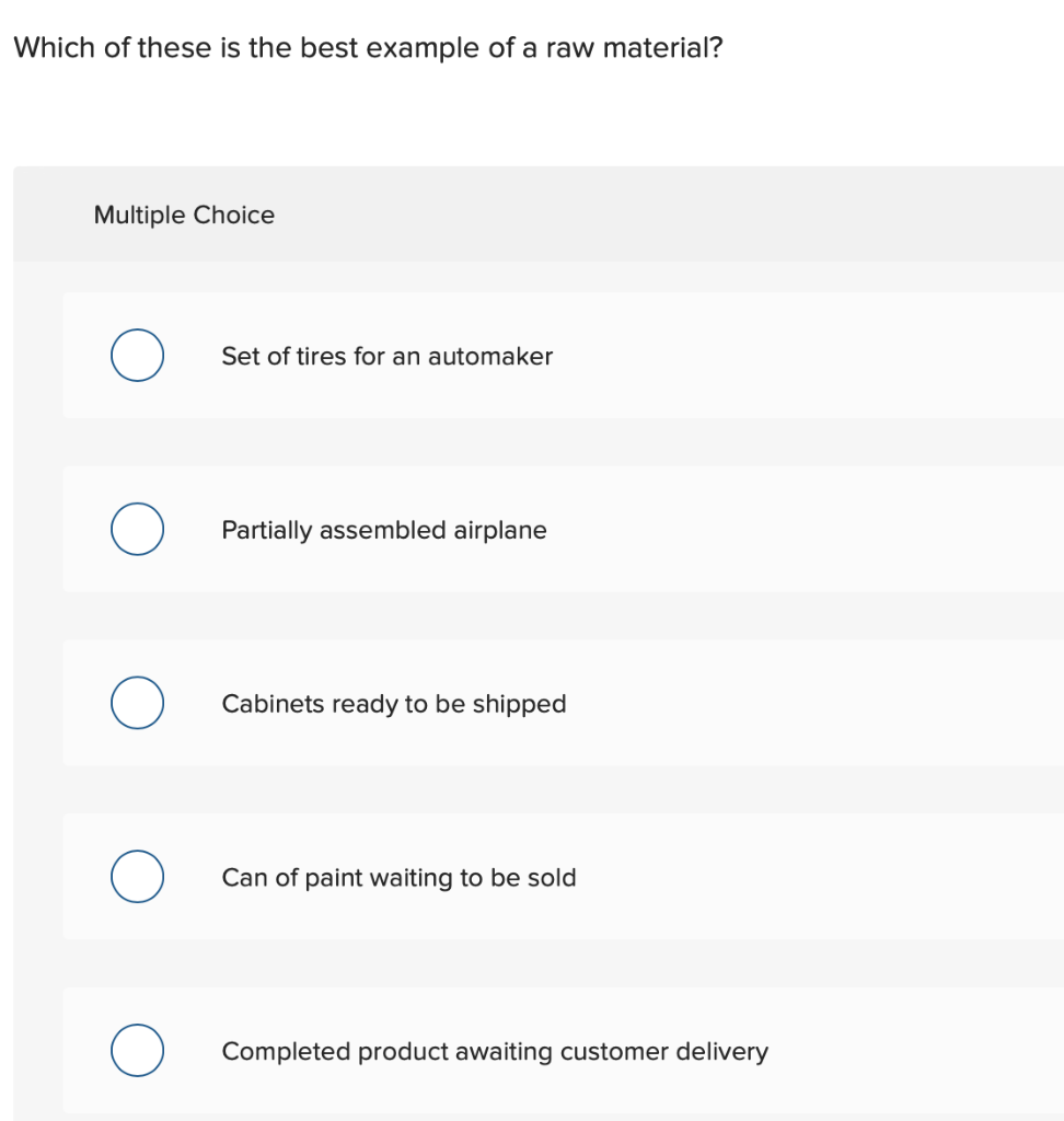 Solved Which of these is the best example of a raw material? | Chegg.com