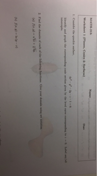 Solved MATH-213 Name: Worksheet 1 (Planes, Conics &Surfaces) | Chegg.com